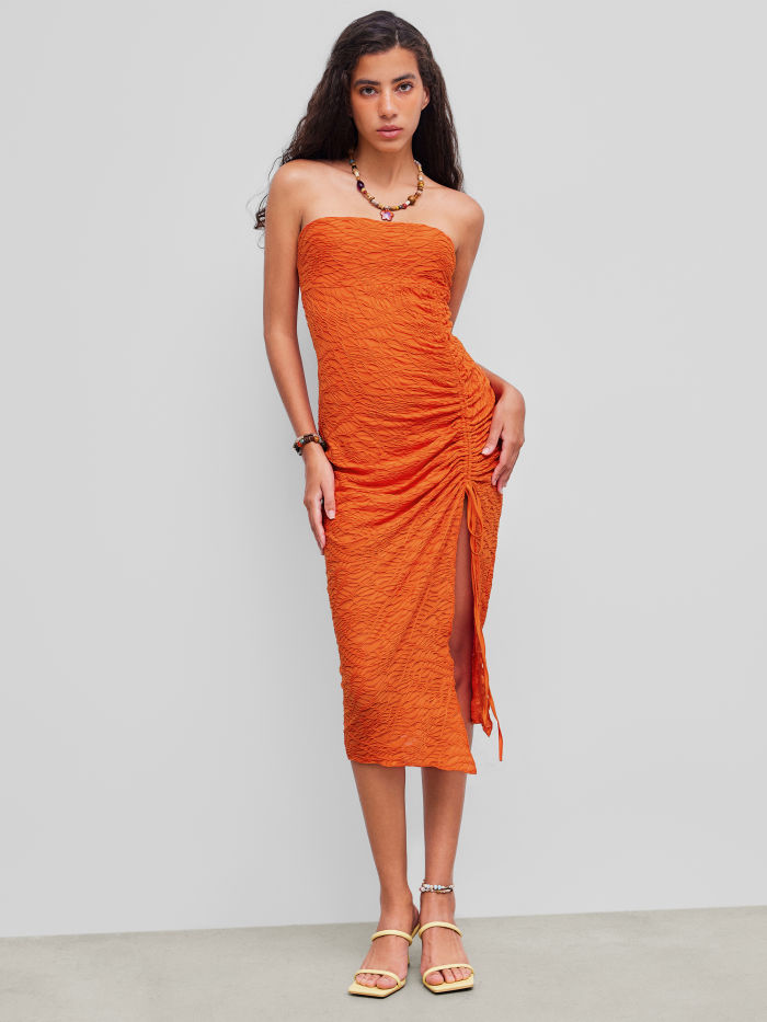 Tube Solid Texture Drawstring Split Midi Dress – Shop Bazar